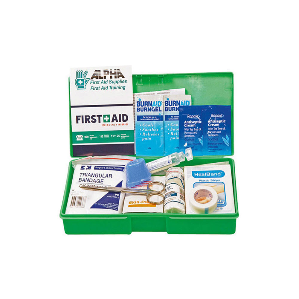 Glove Box Kit in a Flat Green Plastic Container - Alpha First Aid
